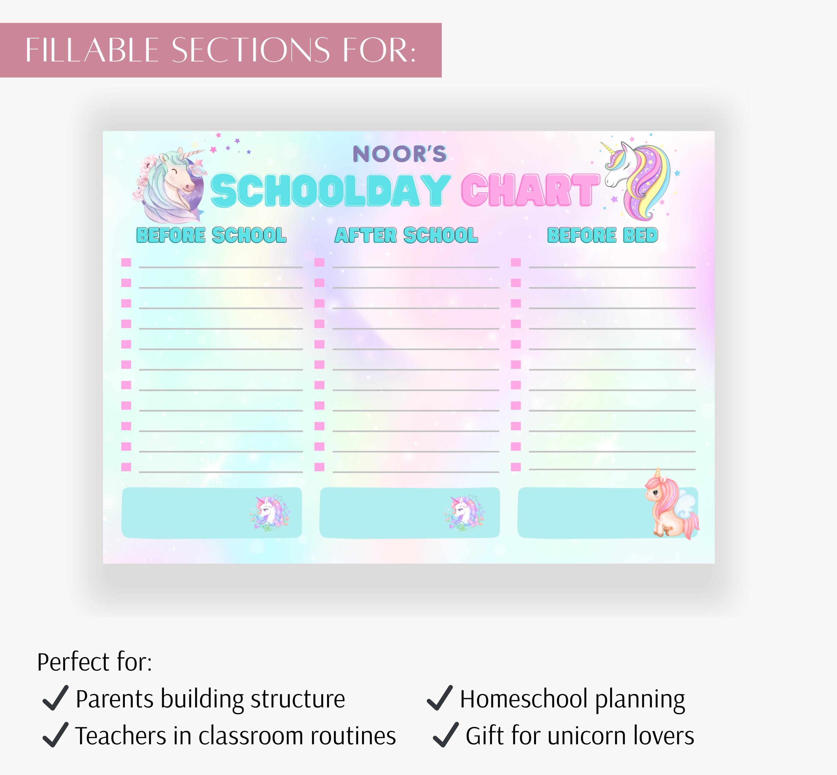 Unicorn School Day Routine Chart: Editable Kids Checklist (PDF Download ...