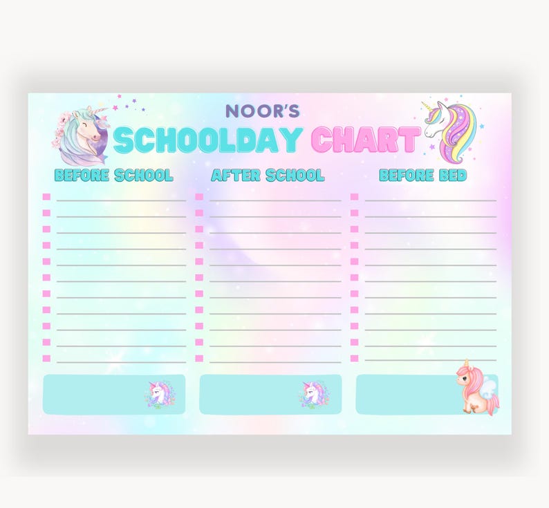 Unicorn School Day Routine Chart: Editable Kids Checklist (PDF Download ...