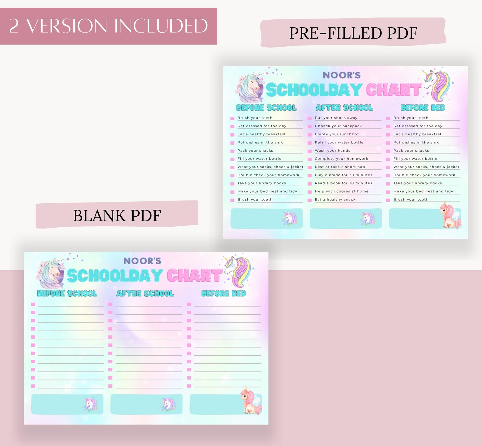 Unicorn School Day Routine Chart: Editable Kids Checklist (PDF Download ...