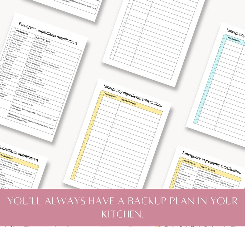 Kitchen Cheat Sheet, Recipe Substitution Guide, Printable Emergency ...