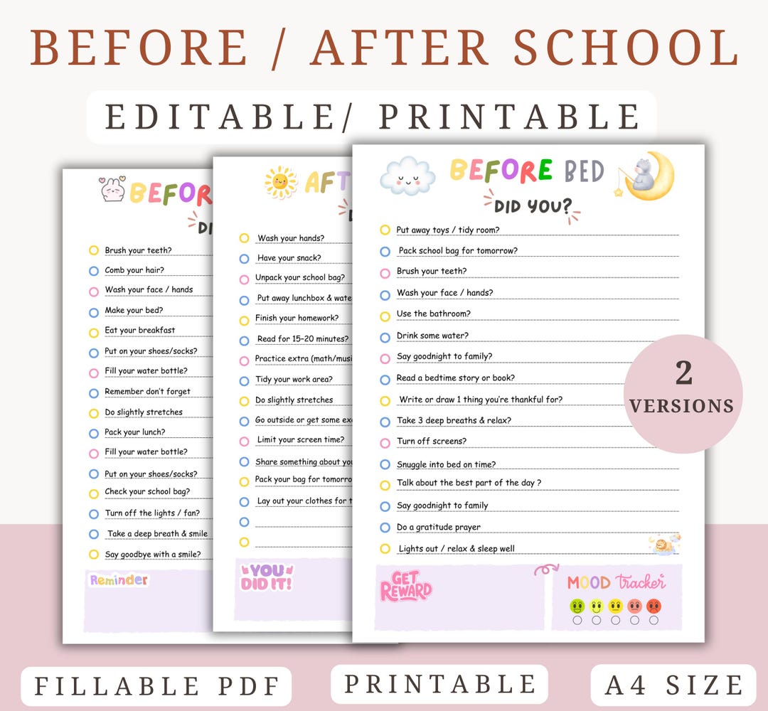 Editable School Chart, Before/ After School Chores, Before Bed ...