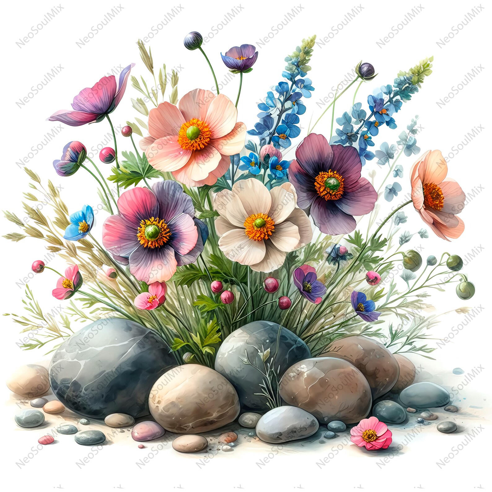 23 Wildflowers and Stones Clipart, Floral Clipart, Jpgs, Commercial Use ...