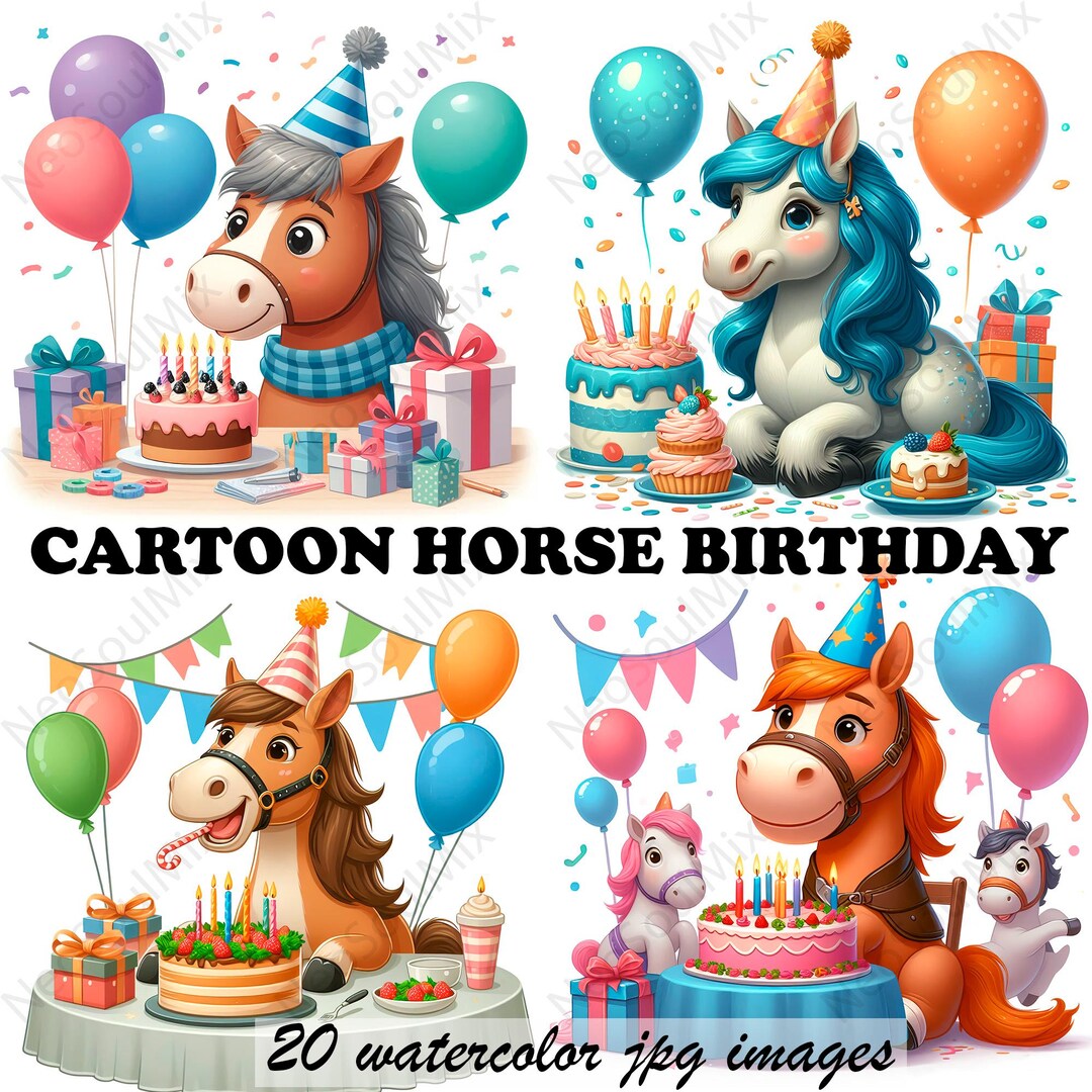20 Horse Birthday Cartoon Clipart | Birthday Horse Clipart Bundle ...