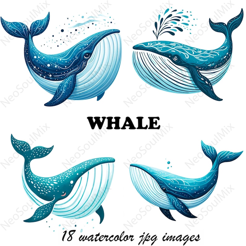 18 Blue Whale Clipart, Whale Illustration, Printable Watercolor Clipart ...