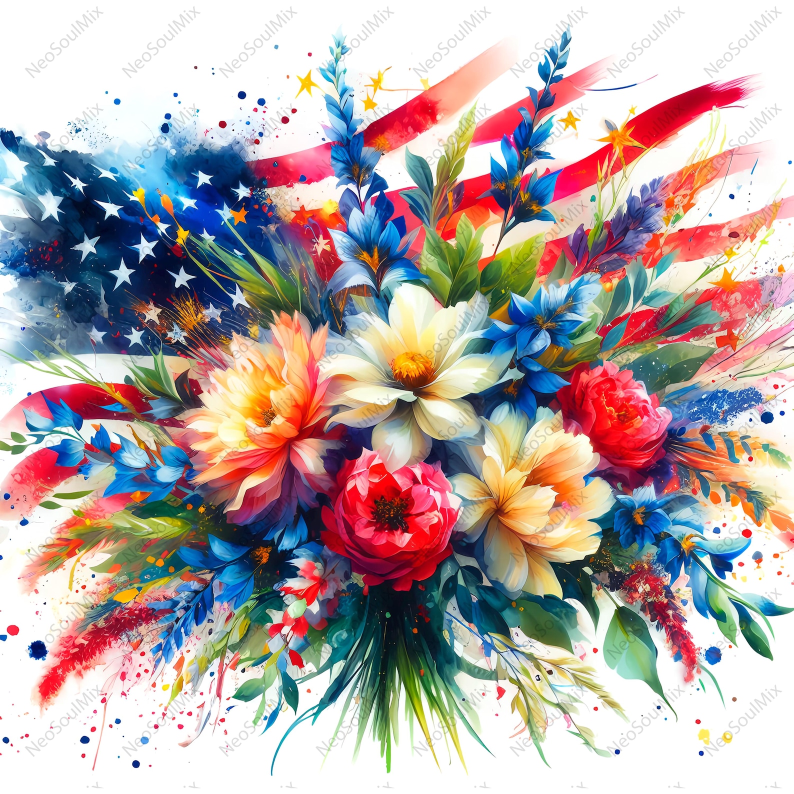 25 Patriotic Flowers Clipart | Watercolor Floral 4th of July | Digital ...