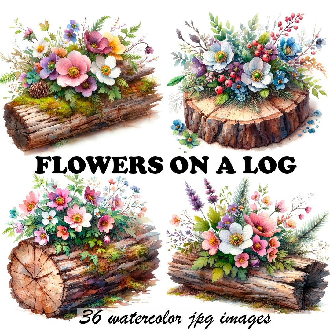 36 Flowers on a Log | Clipart Flowers | Printable Watercolor Clipart ...