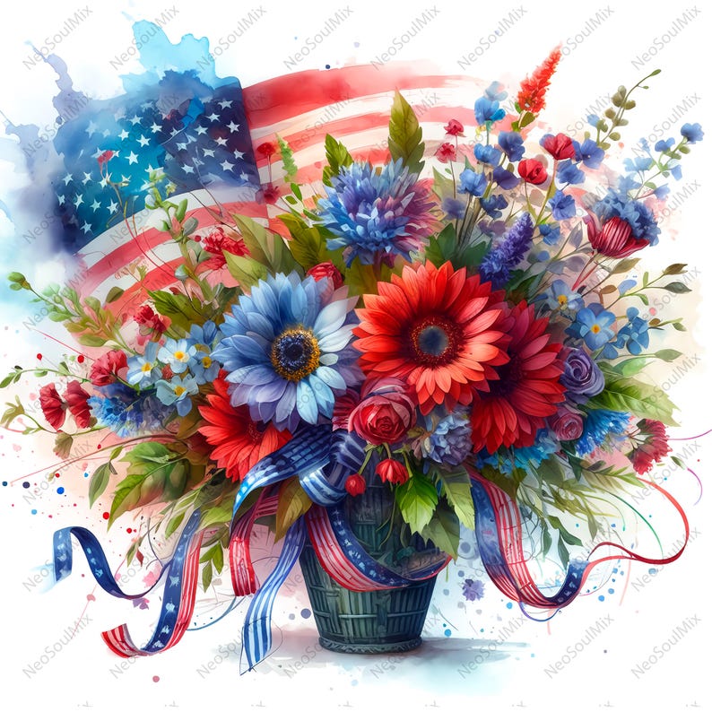 25 Patriotic Flowers Clipart | Watercolor Floral 4th of July | Digital ...