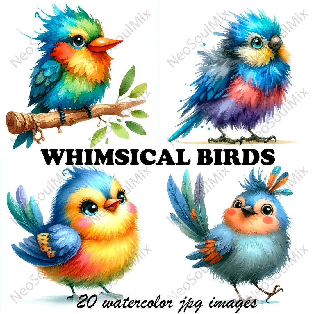 20 Whimsical Birds Clipart | Funny Birds | Printable Watercolor Clipart ...