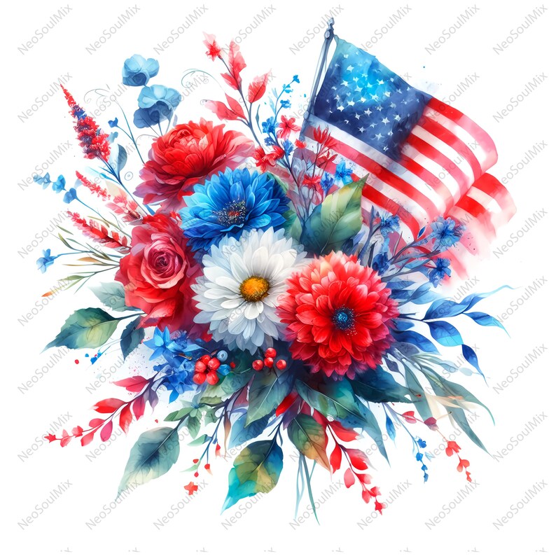 25 Patriotic Flowers Clipart | Watercolor Floral 4th of July | Digital ...
