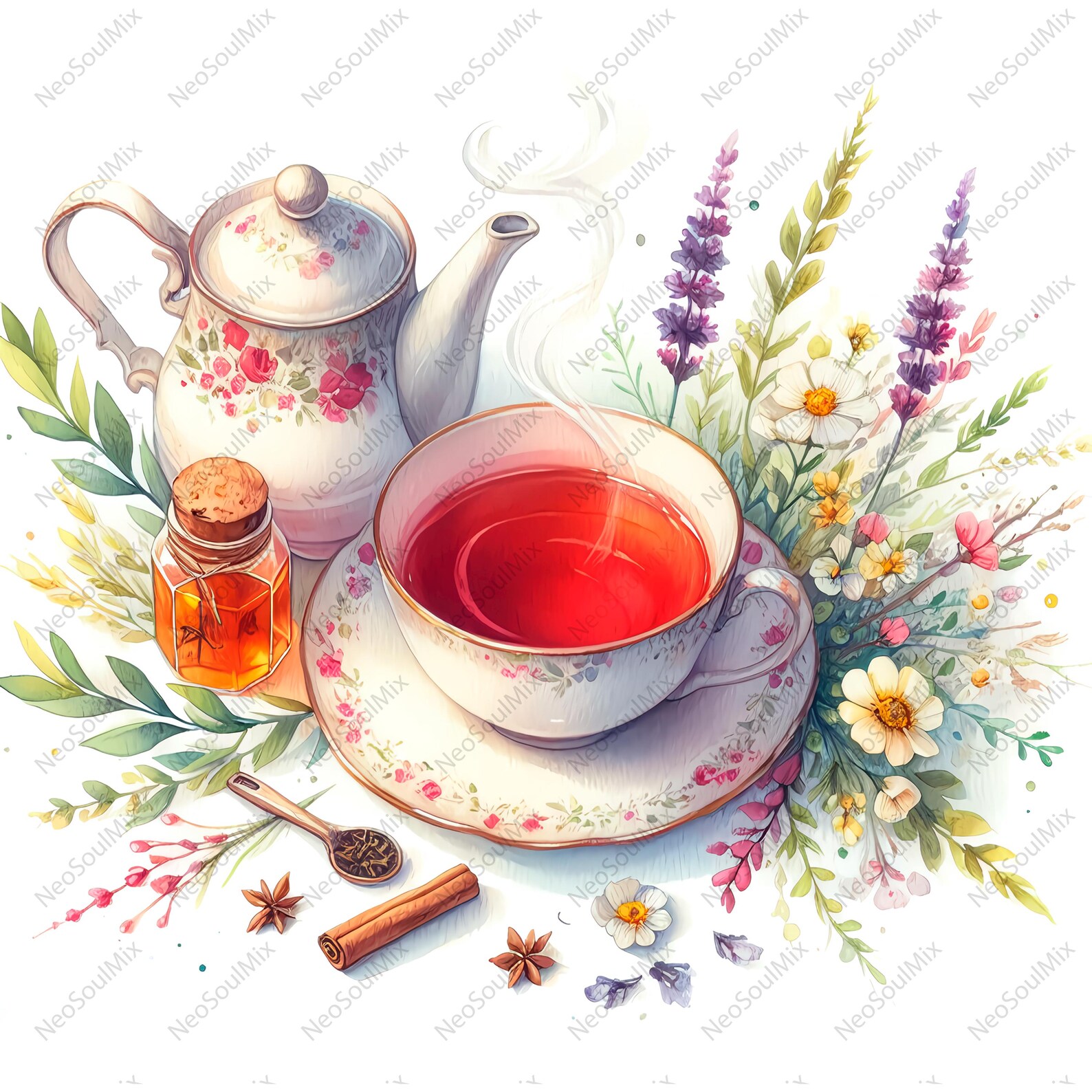 20 Tea Clipart | Tea Mug | Floral Tea Set | Printable Watercolor ...