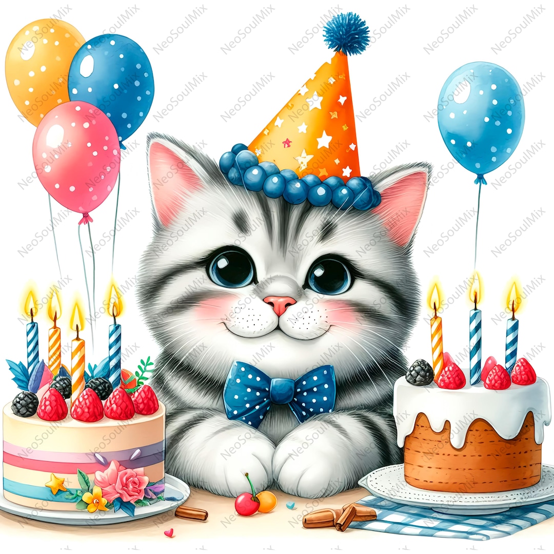 24 Cat Birthday Clipart | Kitten Birthday Watercolor Designs | High ...
