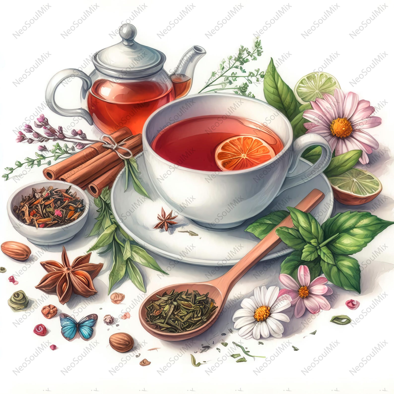 20 Tea Clipart | Tea Mug | Floral Tea Set | Printable Watercolor ...