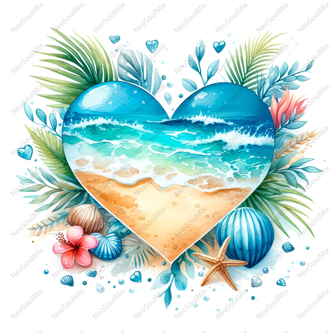 25 Beach Heart Watercolor Clipart Bundle, Ocean Heart Clipart, Beach ...