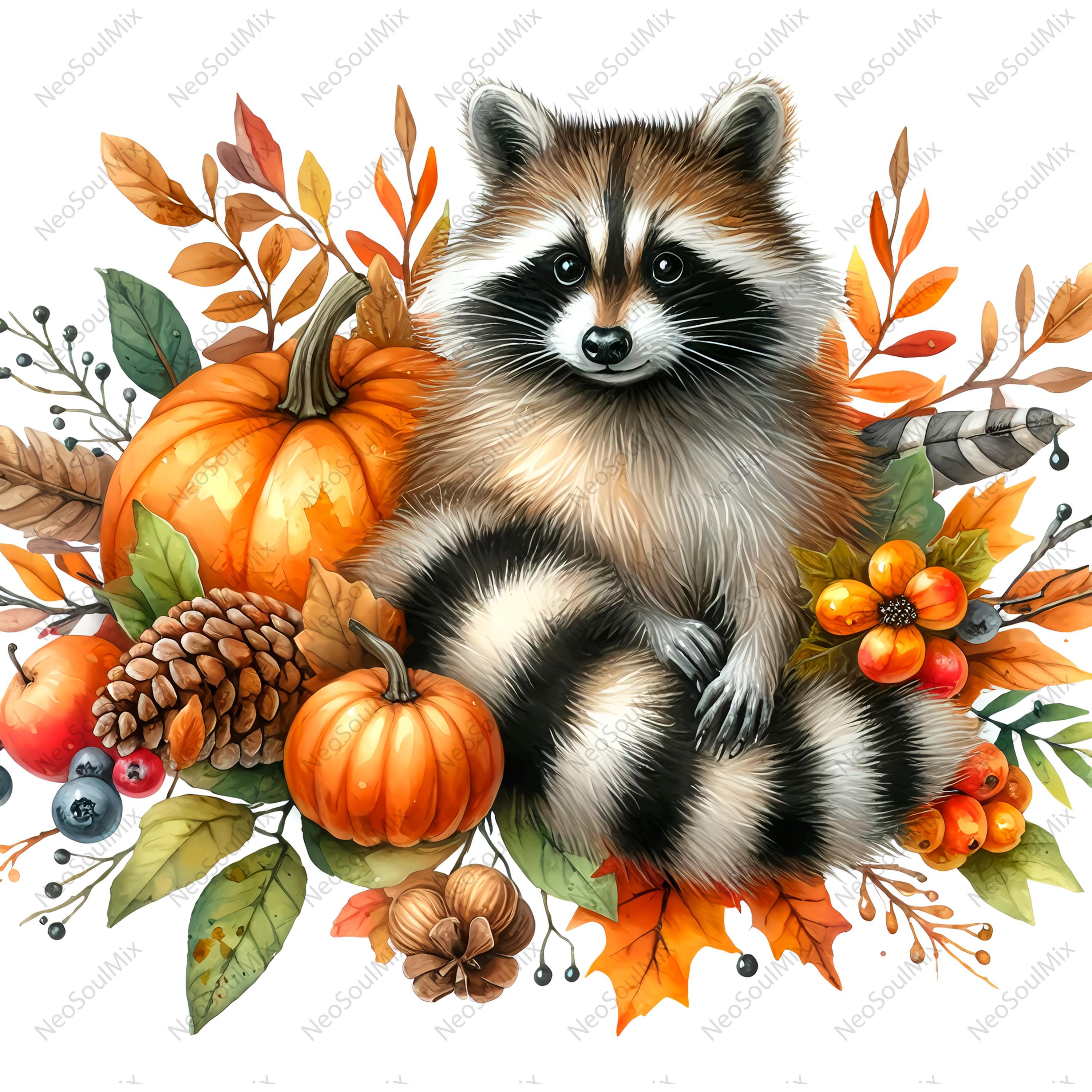 20 Cute Fall Raccoons Clipart | Watercolor Autumn Raccoon | High ...