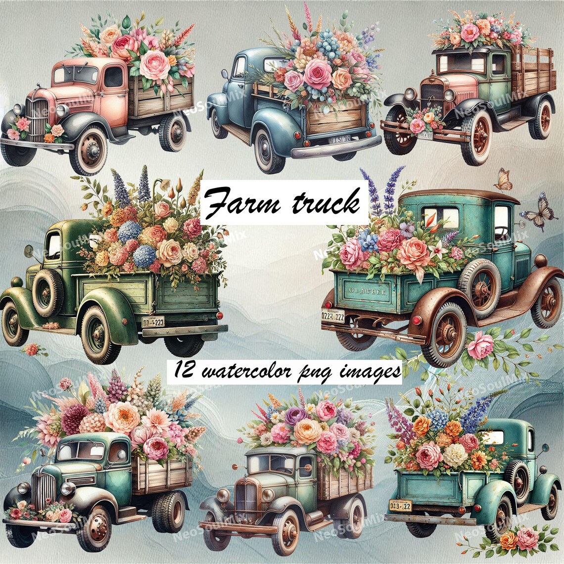 Flower Farm Truck, Farm Clipart, Farm Truck Watercolor, Flower Truck ...