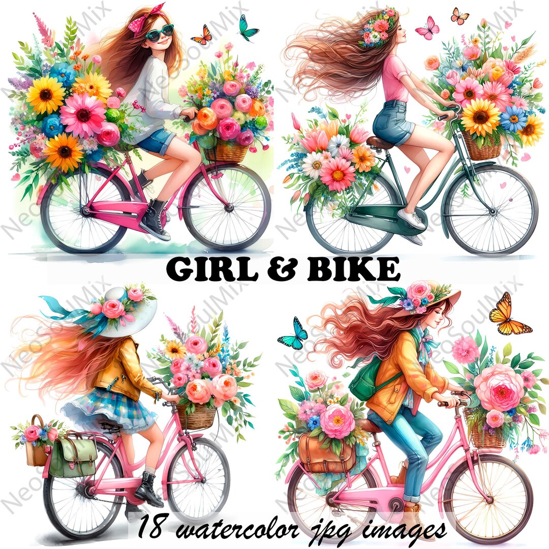18 Spring Bike Clipart, Girl & Bike, Watercolor Bikes Clipart Spring ...