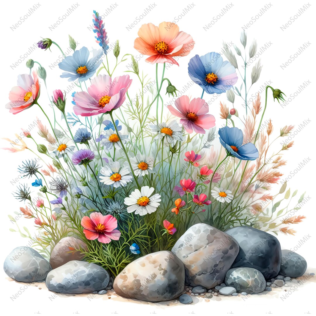 23 Wildflowers and Stones Clipart, Floral Clipart, Jpgs, Commercial Use ...
