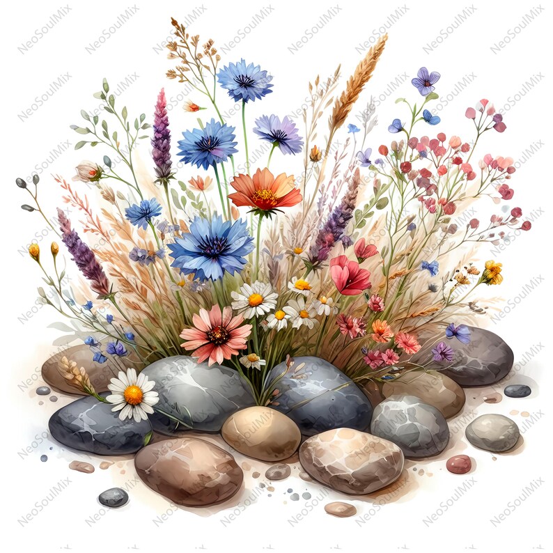 23 Wildflowers and Stones Clipart, Floral Clipart, Jpgs, Commercial Use ...