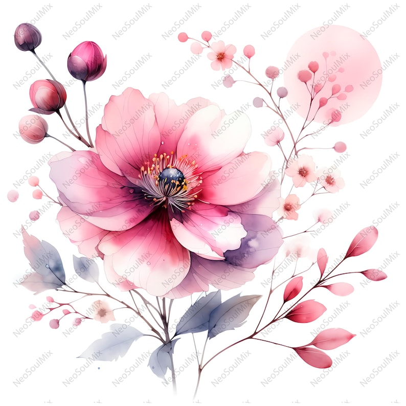 17 Abstract Pink Flower Watercolor Clipart Bundle, Blush and Dusty ...