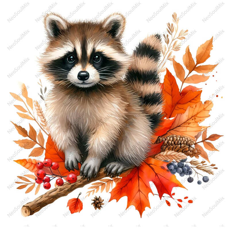 20 Cute Fall Raccoons Clipart | Watercolor Autumn Raccoon | High ...