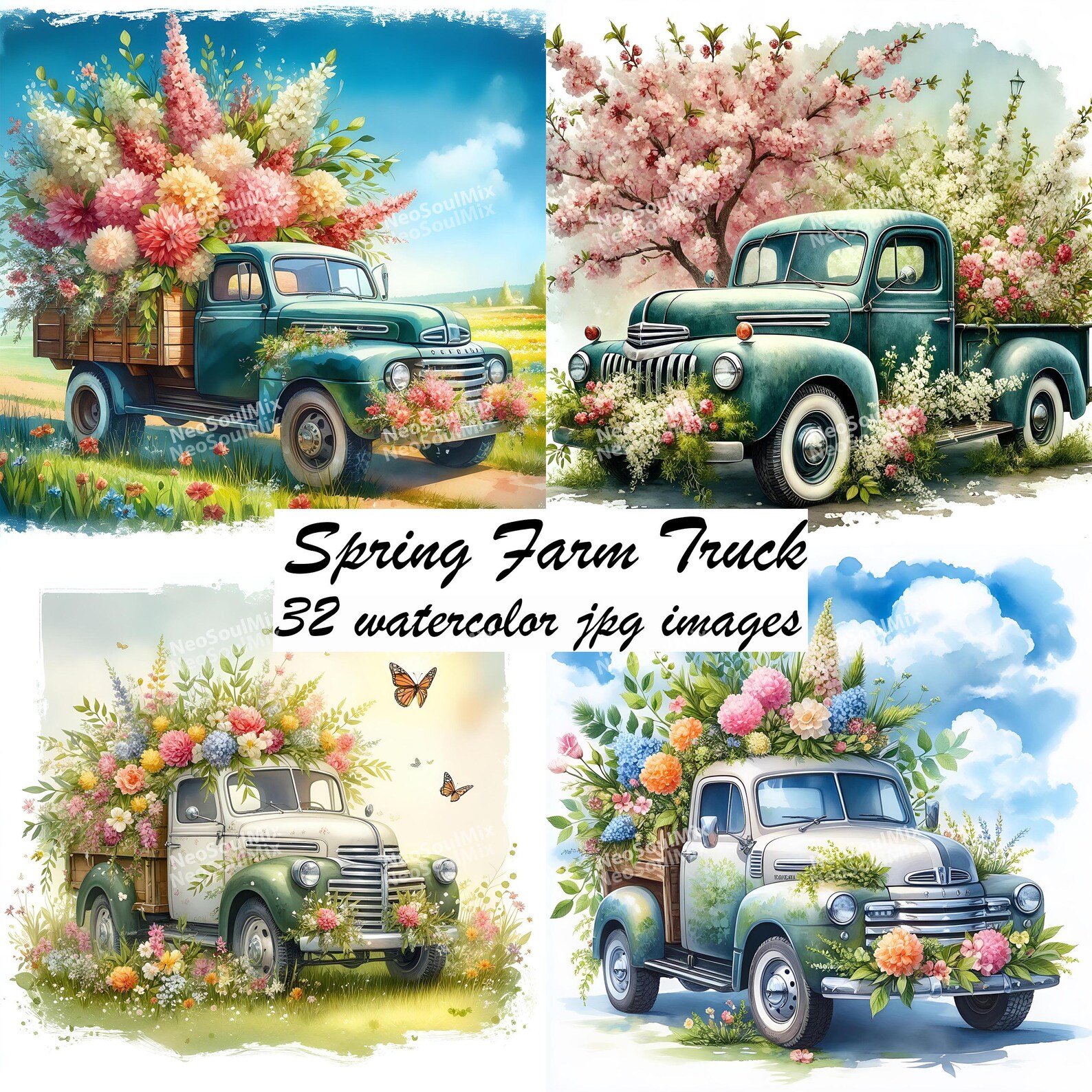 32 Flower Farm Truck, Farm Clipart, Watercolor Farm Truck, Flower Truck ...