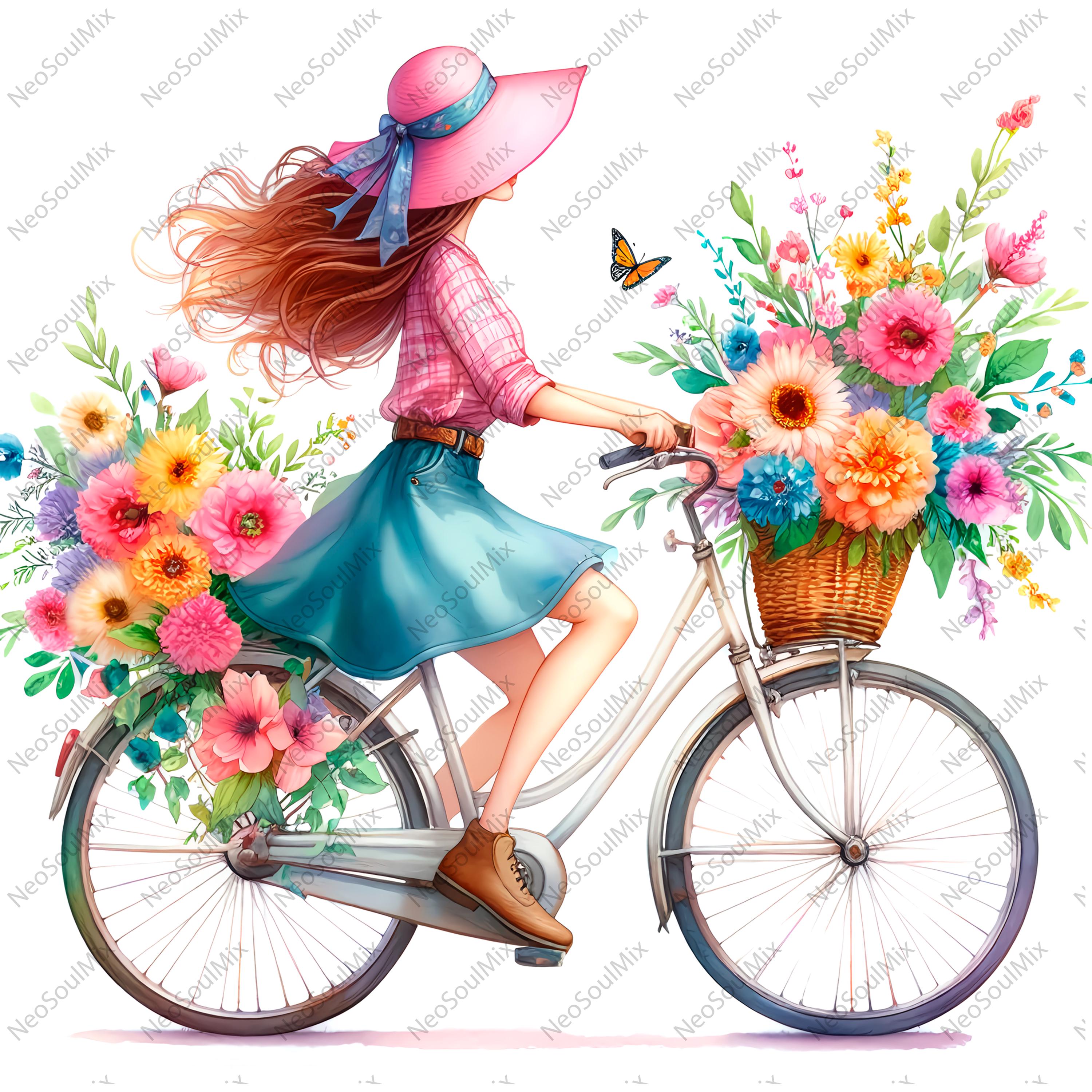 18 Spring Bike Clipart, Girl & Bike, Watercolor Bikes Clipart Spring ...