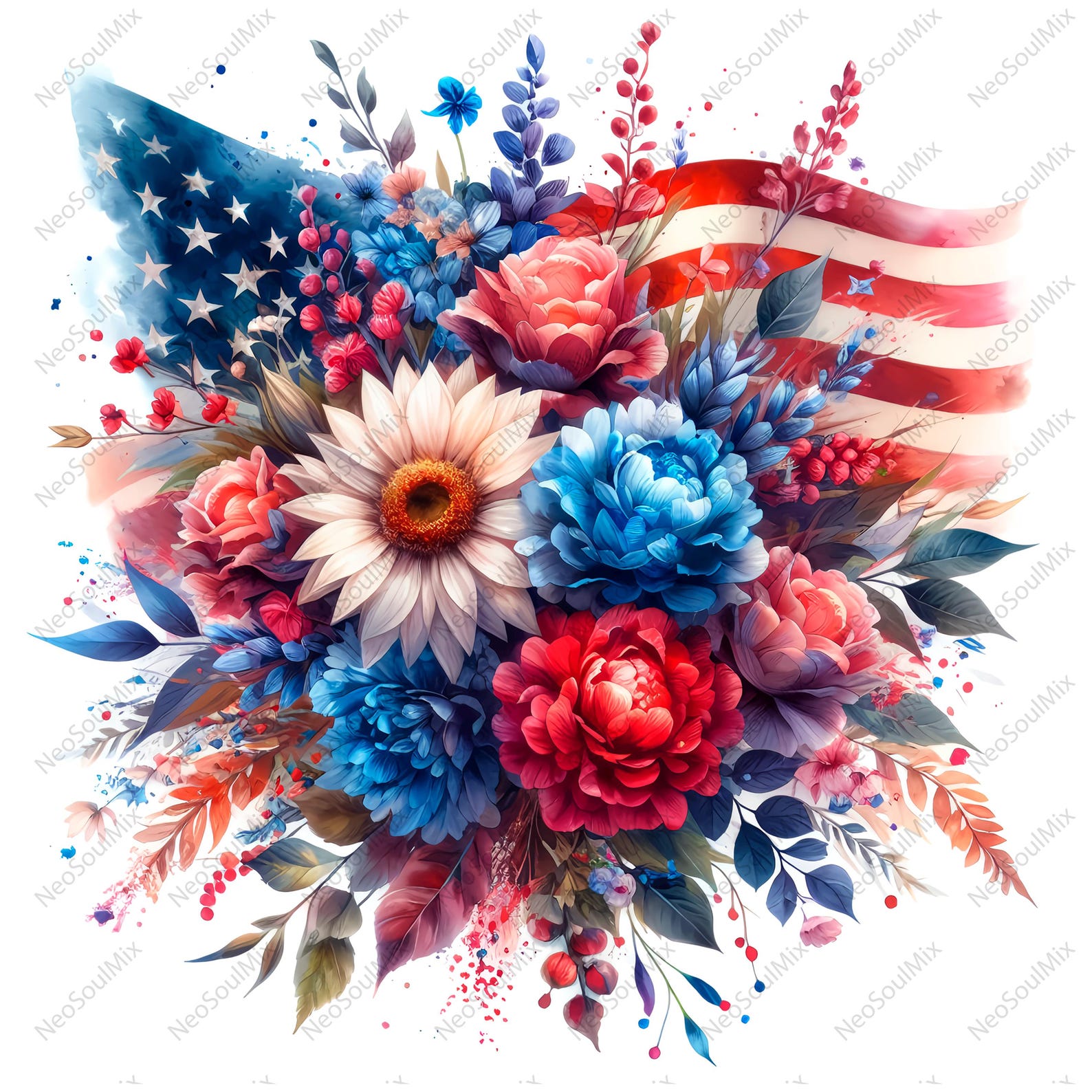 25 Patriotic Flowers Clipart | Watercolor Floral 4th of July | Digital ...