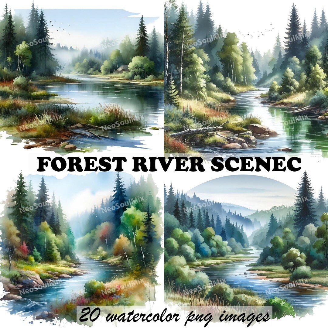 Landscape Scenes Watercolor Forest River Lake Sublimation Clipart ...