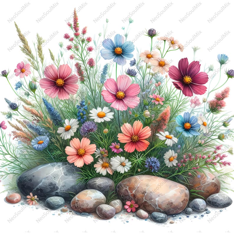 23 Wildflowers and Stones Clipart, Floral Clipart, Jpgs, Commercial Use ...