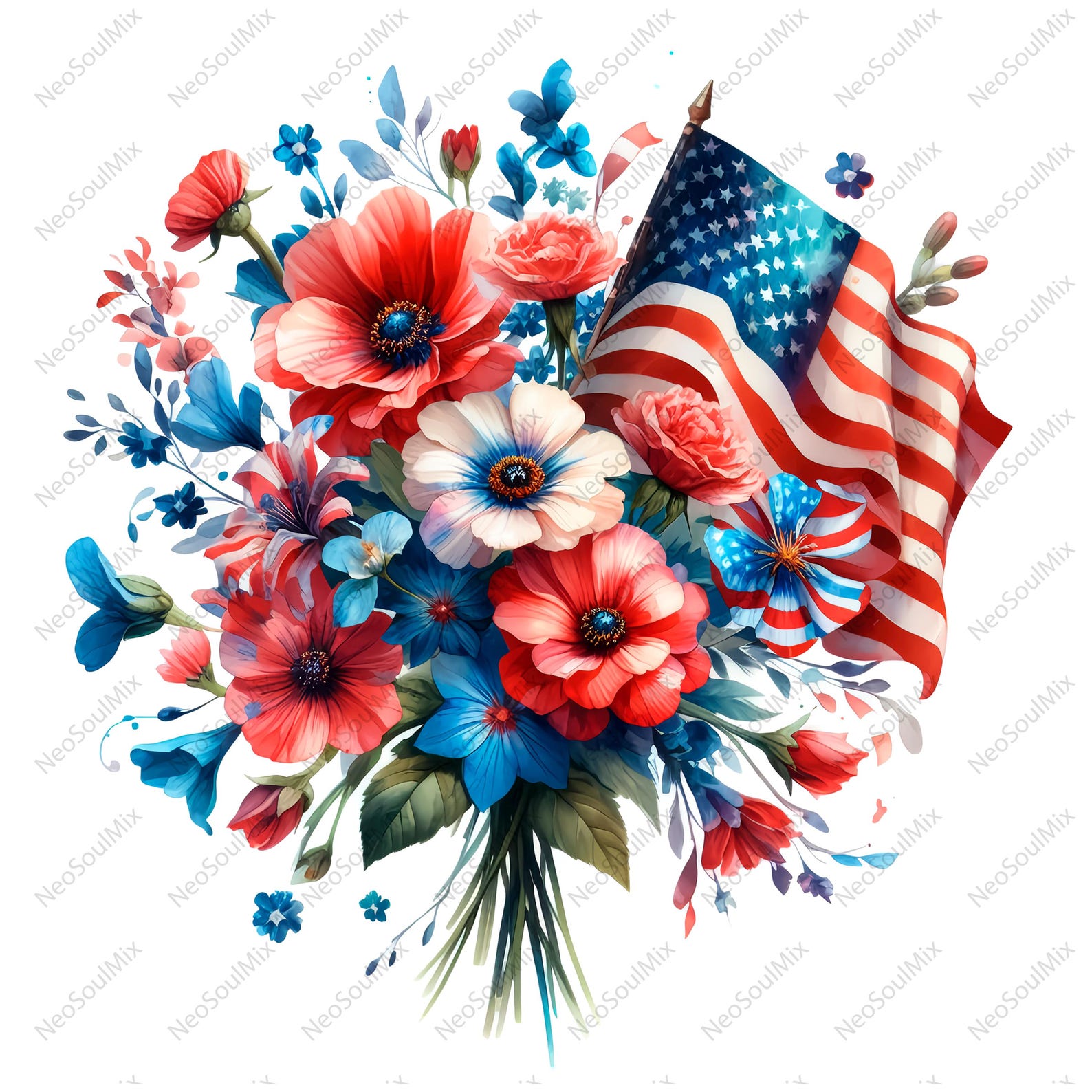 25 Patriotic Flowers Clipart | Watercolor Floral 4th of July | Digital ...