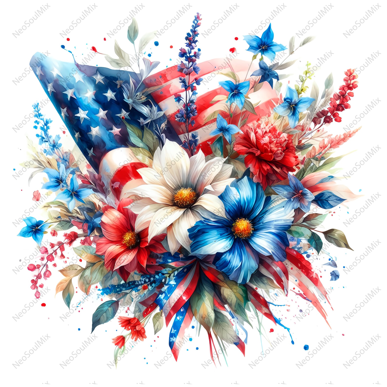 25 Patriotic Flowers Clipart | Watercolor Floral 4th of July | Digital ...