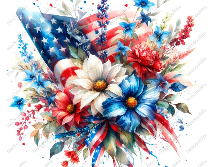 4th of July Flower Clipart, Patriotic Floral Clipart, Independence Day ...