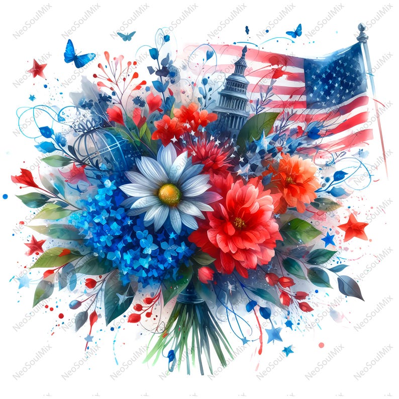 25 Patriotic Flowers Clipart | Watercolor Floral 4th of July | Digital ...