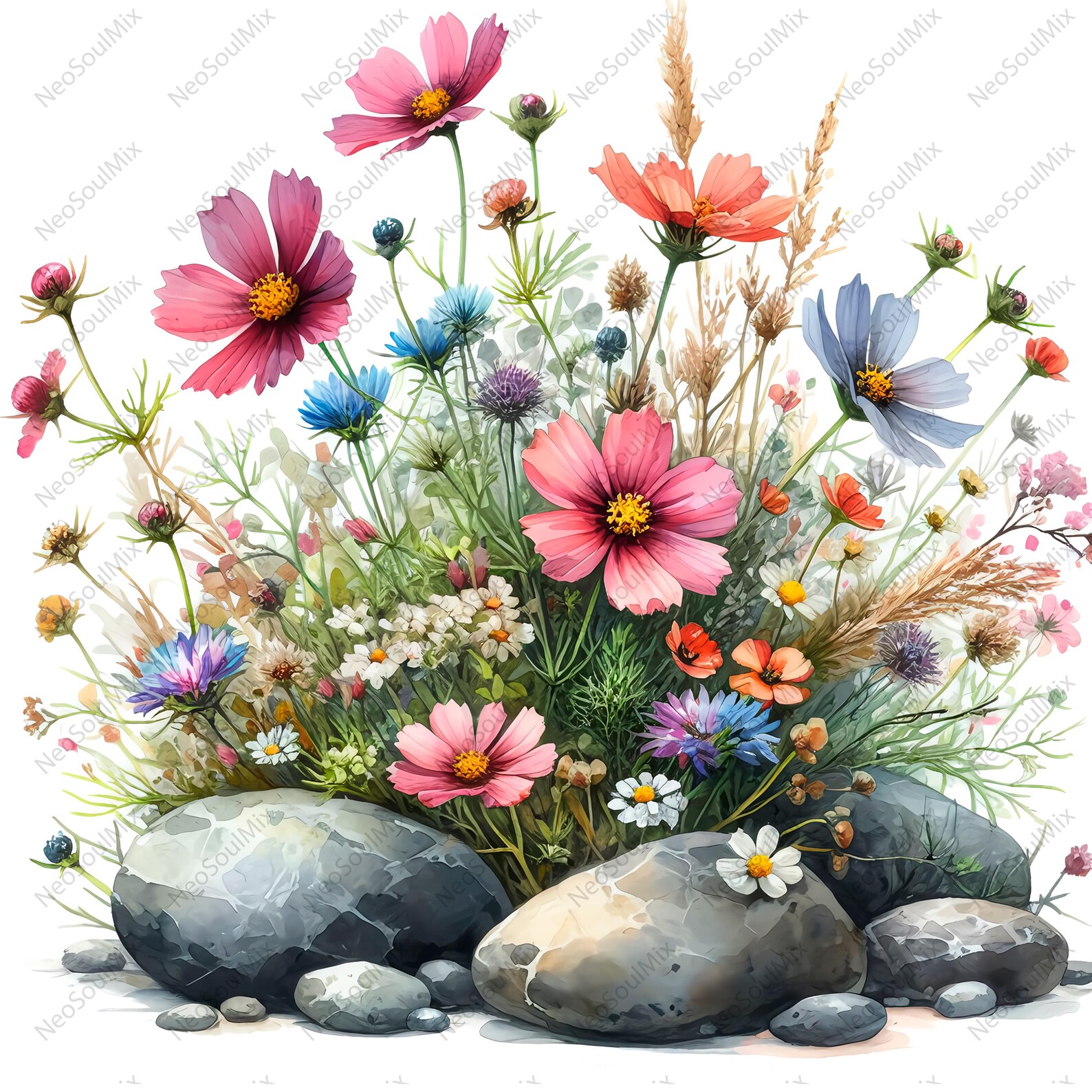 23 Wildflowers and Stones Clipart, Floral Clipart, Jpgs, Commercial Use ...