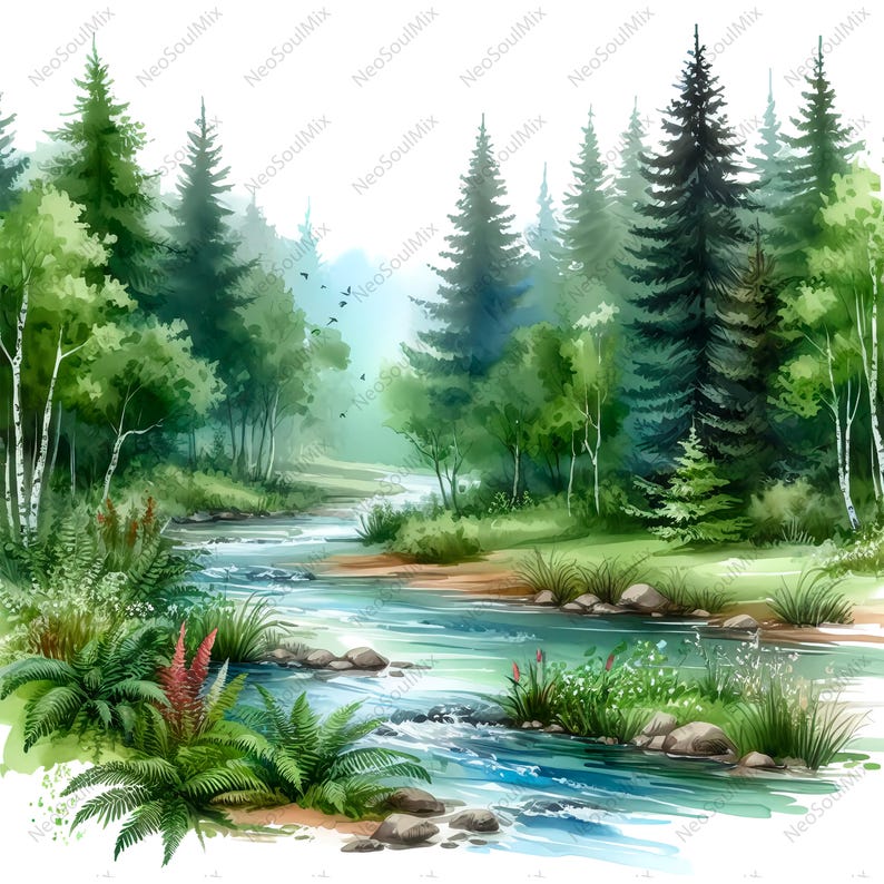 24 Forest Clipart | Forest River | Printable Watercolor Clipart | High ...