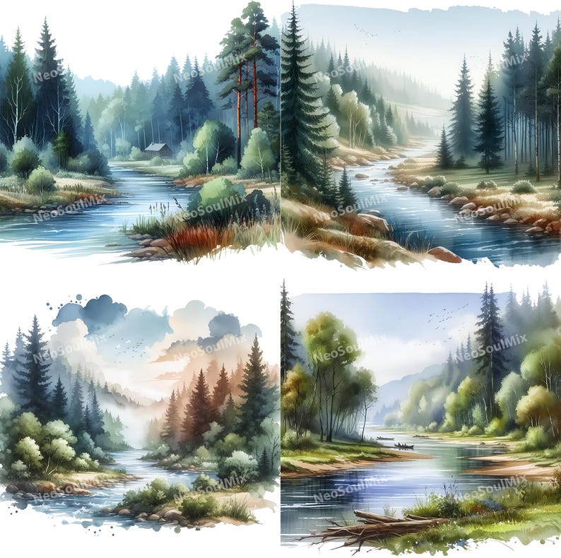 Landscape Scenes Watercolor Forest River Lake Sublimation Clipart ...