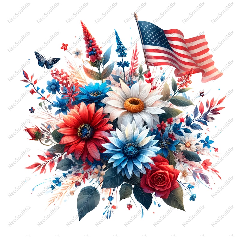 25 Patriotic Flowers Clipart | Watercolor Floral 4th of July | Digital ...