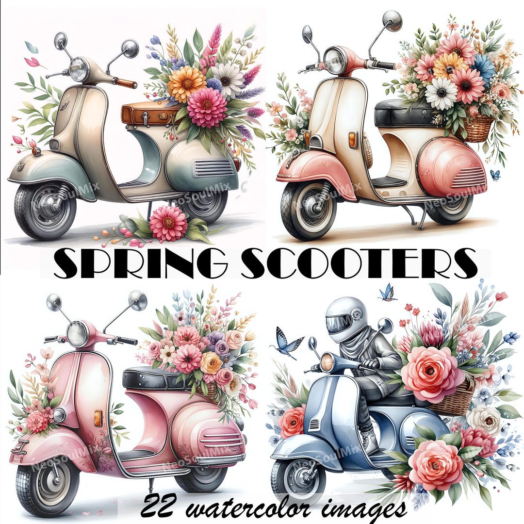 22 Watercolor Floral Motorbike - Old Italian Scooter Svg - Flower Moped ...