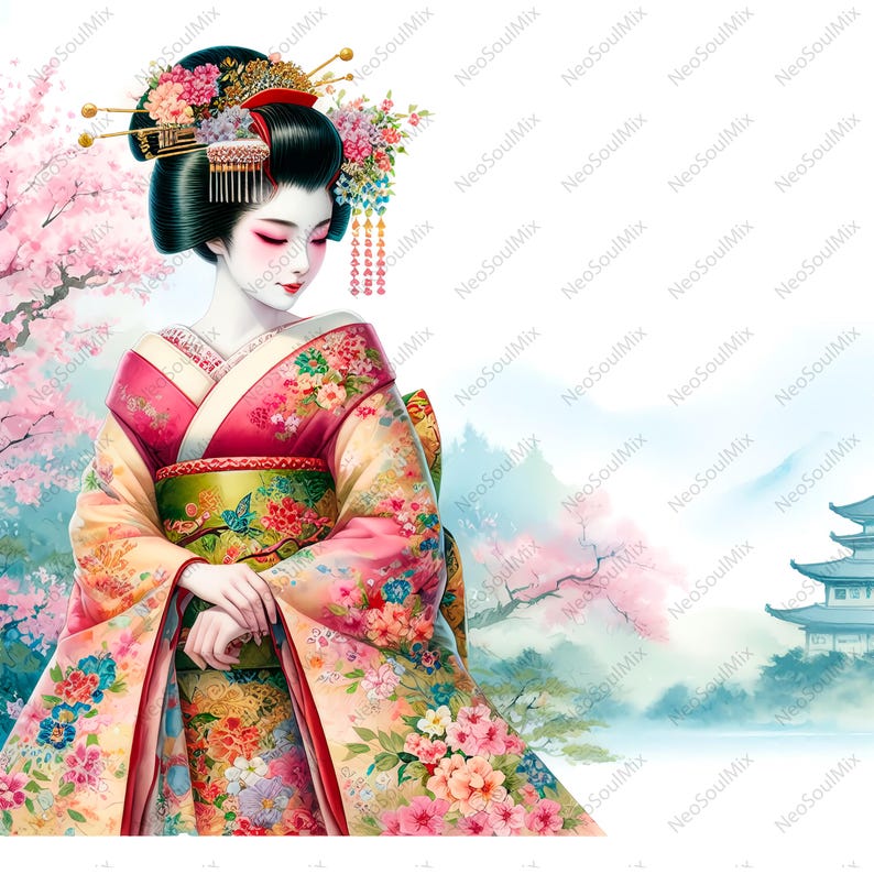 15 Japanese Geisha and Landscape Clipart | Japanese Watercolor Art ...