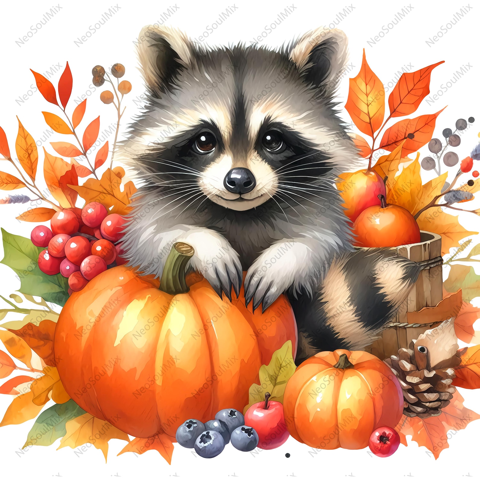 20 Cute Fall Raccoons Clipart | Watercolor Autumn Raccoon | High ...