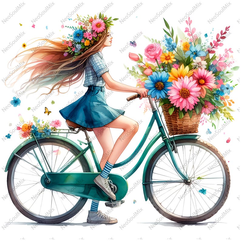 18 Spring Bike Clipart, Girl & Bike, Watercolor Bikes Clipart Spring ...