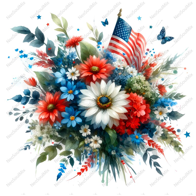25 Patriotic Flowers Clipart | Watercolor Floral 4th of July | Digital ...