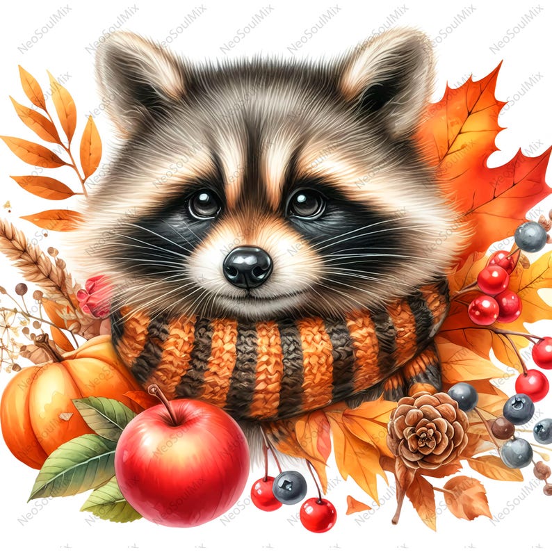 18 Cute Fall Raccoons Clipart | Watercolor Autumn Raccoon | High ...