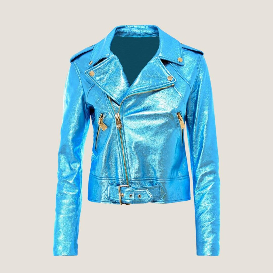 Metallic Blue Leather Biker Jacket – Women's Shiny Moto Jacket – Trendy ...