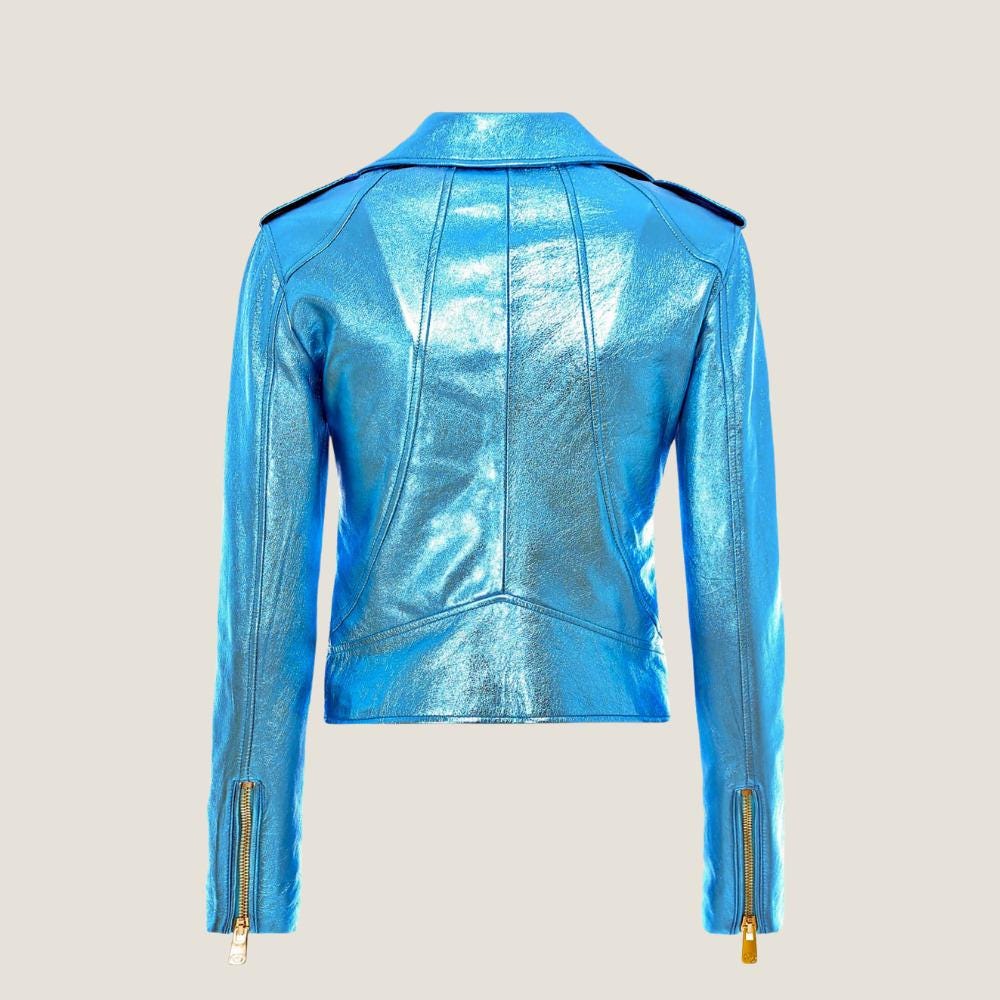 Metallic Blue Leather Biker Jacket – Women's Shiny Moto Jacket – Trendy ...