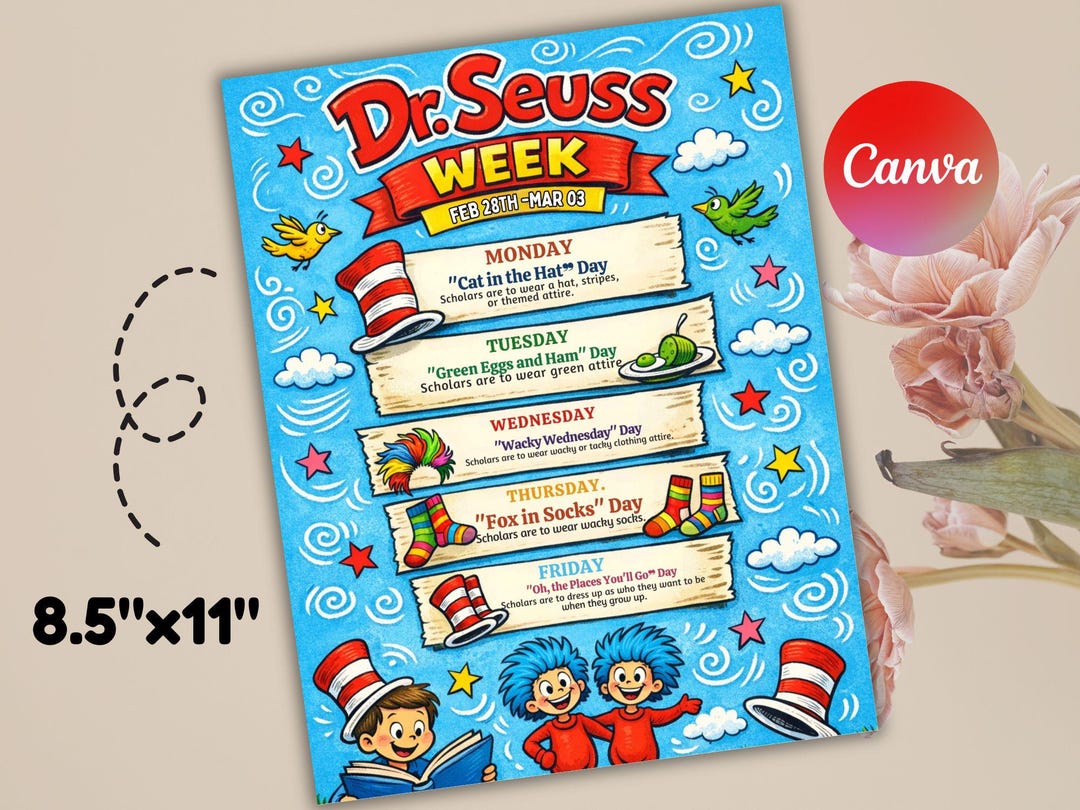 Editable School Spirit Week Schedule, Read Across America Week 2025 ...