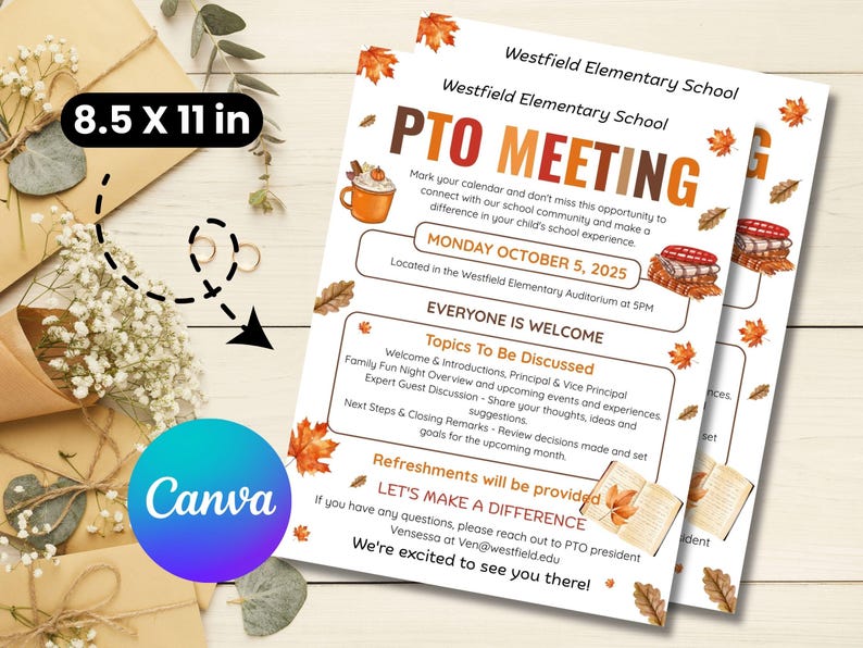 Fall PTA Meeting Flyer Printable PTO Fall Meeting Flyer Editable ...