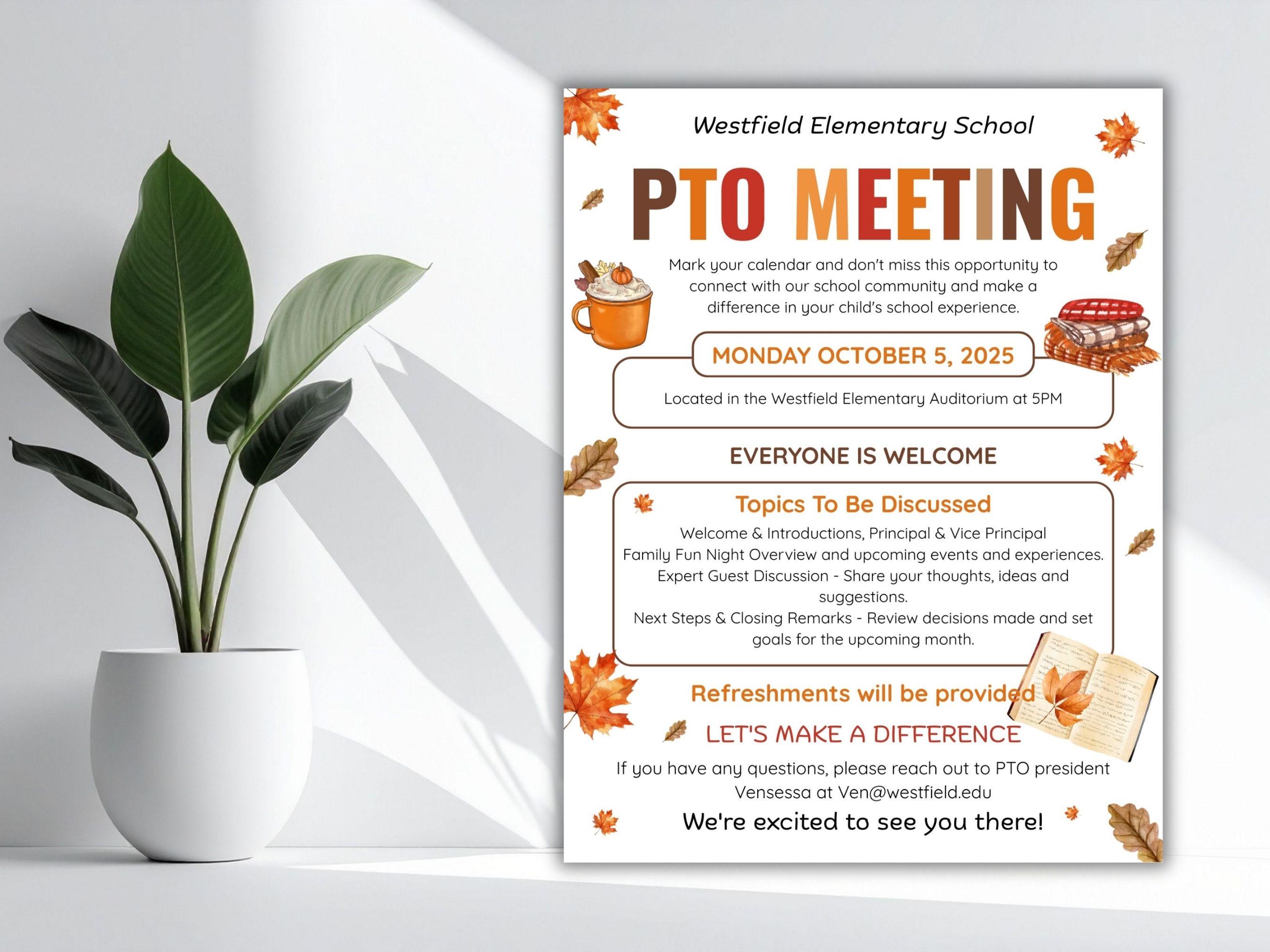 Fall PTA Meeting Flyer Printable PTO Fall Meeting Flyer Editable ...
