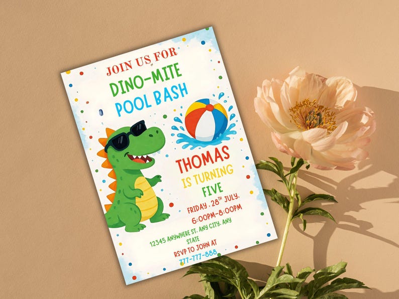 Editable Dinosaur Pool Party 5th Birthday Invitation Dino-mite Summer ...