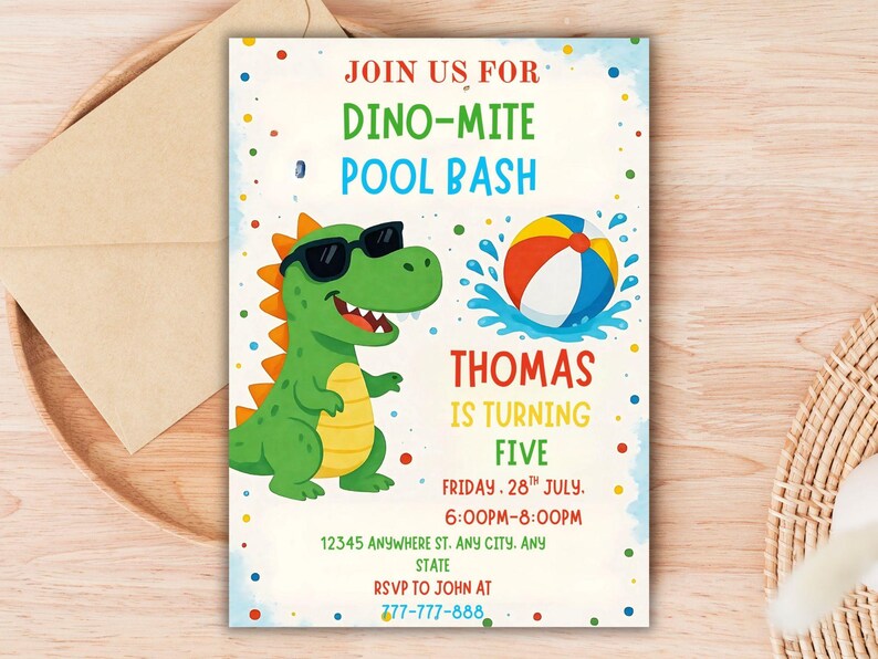 Editable Dinosaur Pool Party 5th Birthday Invitation Dino-mite Summer ...